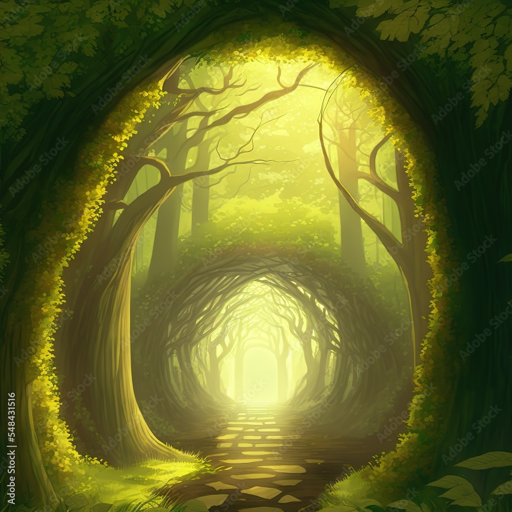 Raster illustration of tunnel in the forest of trees with shining light ...