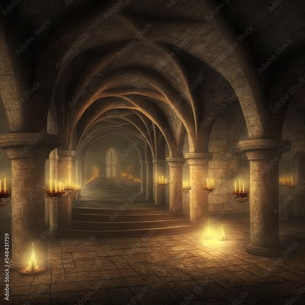 The castle's underground tunnel is lit by candles and daylight. All ...