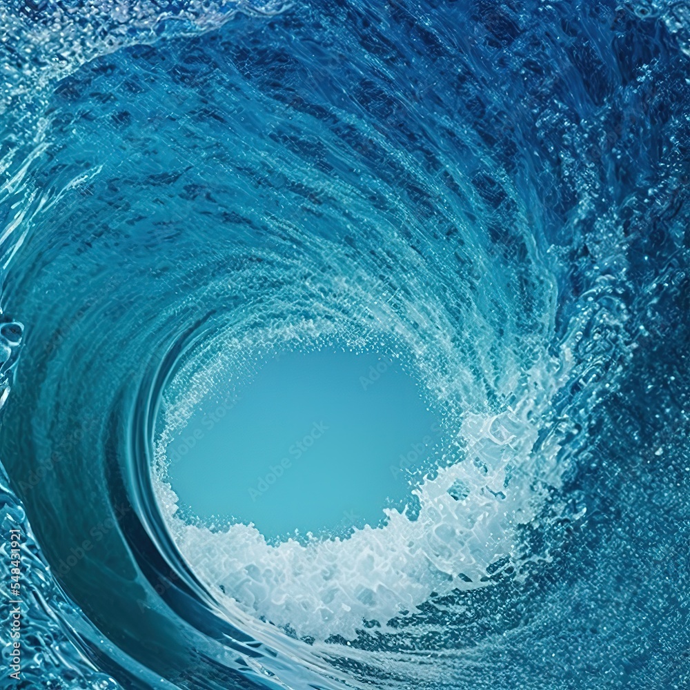 The water swirls into a whirlpool. The water is blue and clear. The ...