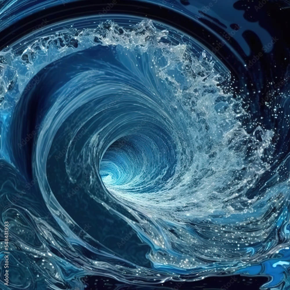 The water swirls into a whirlpool. The water is blue and clear. The ...