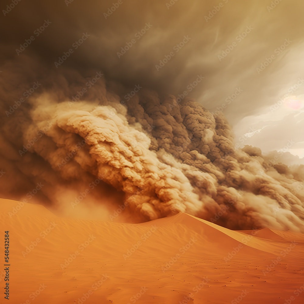 Heavy sand and dust storm above desert land on hot summer day. Danger ...