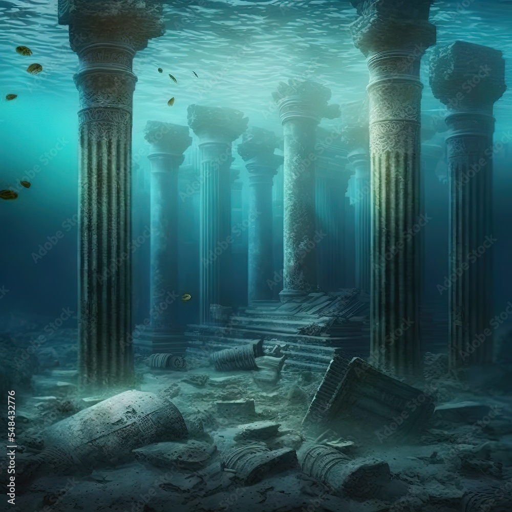 ภาพประกอบสต็อก Old temple ruins with weathered columns on sea bottom ...