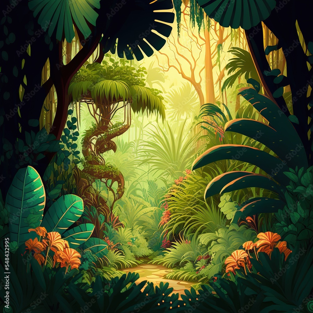 Beautiful cartoon impenetrable jungle. Tropical plants, exotic palms ...