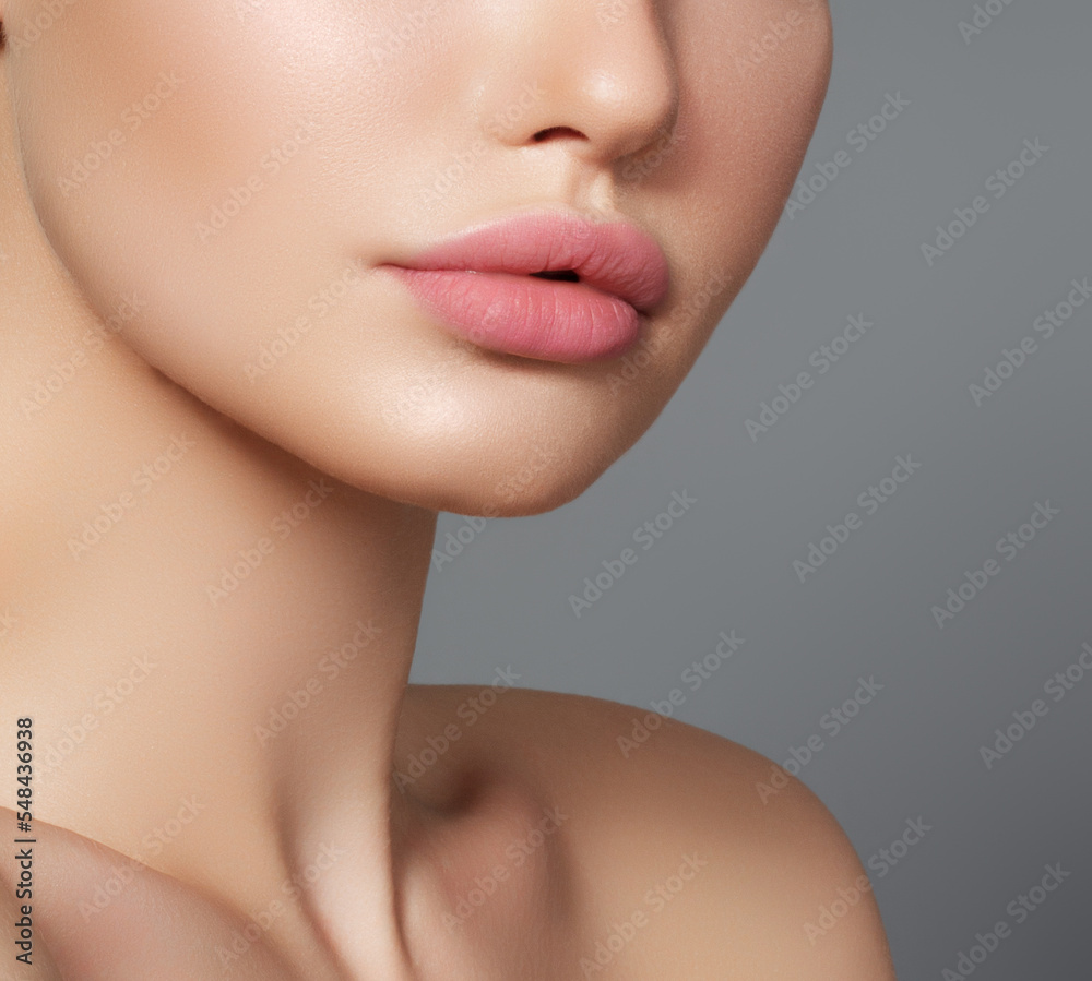 Perfect natural lip makeup. Close up macro photo with beautiful female ...