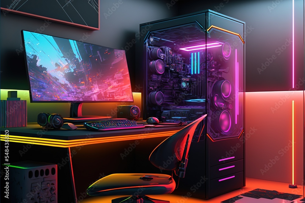 Futuristic gaming computer on desk in video gamer room with neon lights ...