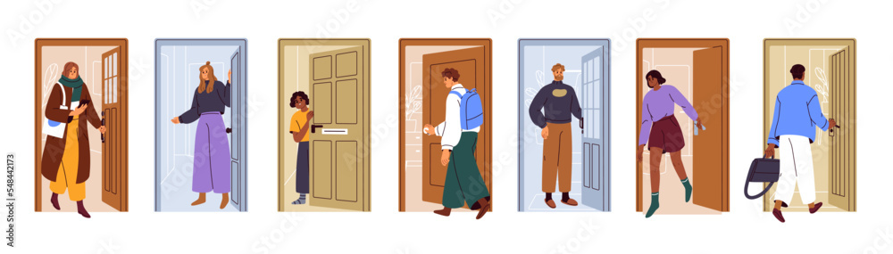 People opening doors, entering, exiting home set. Men, women at ...