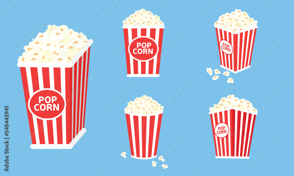 Set of box with popcorn. Red pack with popcorn for cinema or movie ...