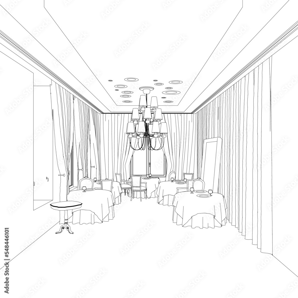 Outline of restaurant interior with laid tables in retro style from ...