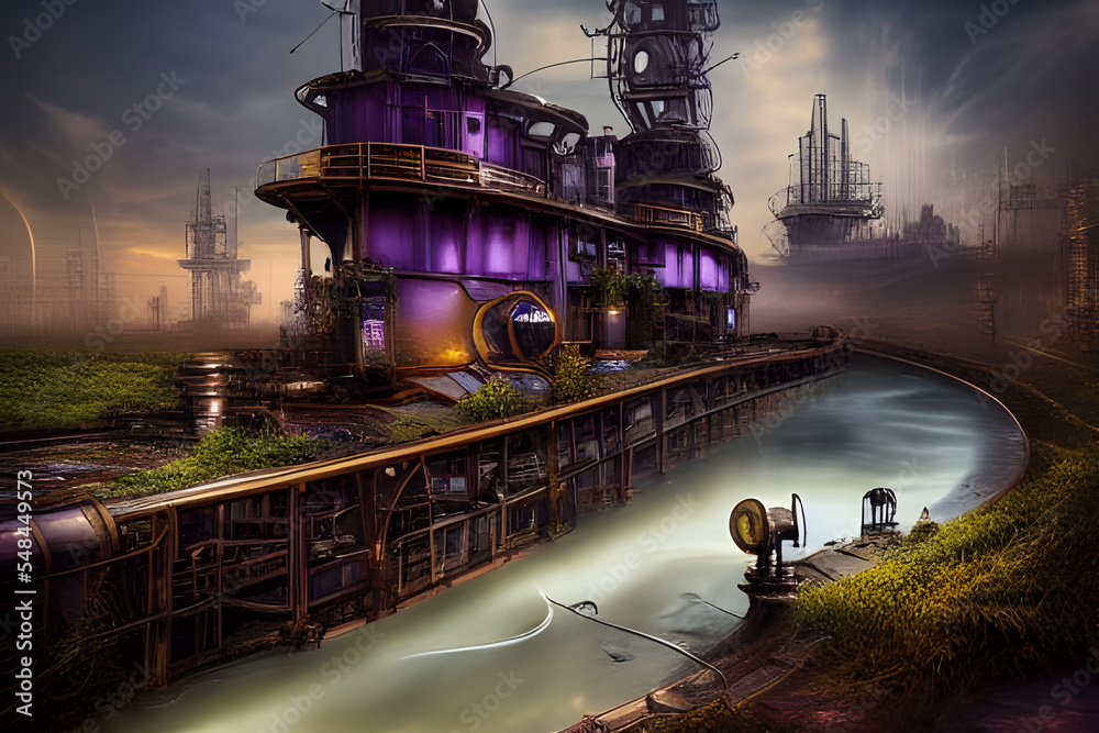 Steampunk fantasy bakcground of imaginary shipyard under shunder sky ...