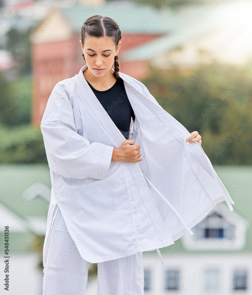 Karate woman, martial arts uniform and fighter ready for a professional ...