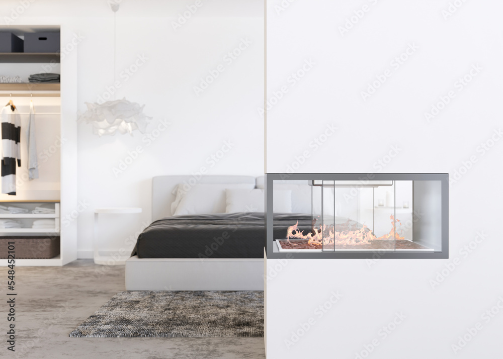Beautiful modern bedroom with gas or electric fireplace. Contemporary ...