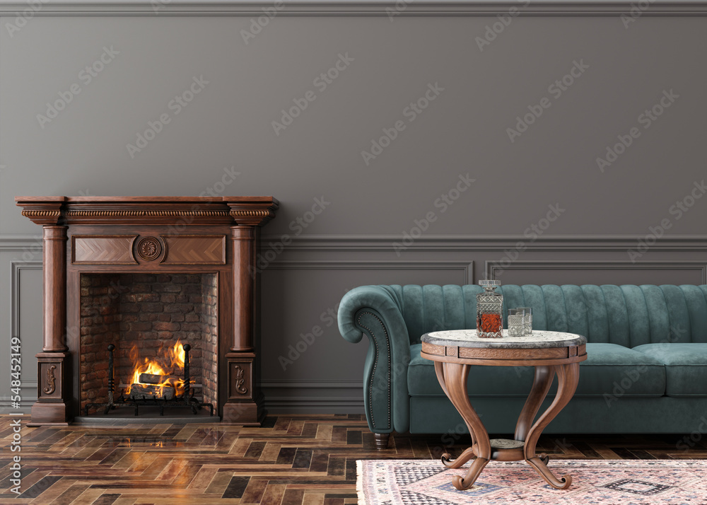 Beautiful living room with fireplace. Classic style interior design ...