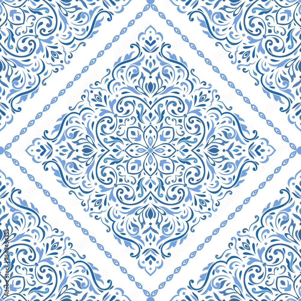 Blue and white damask vector seamless pattern. Vintage, paisley ...
