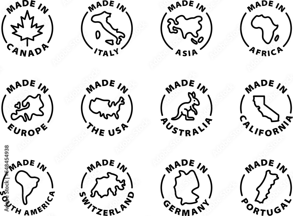 made in icon set . Isolated vector black outline stamp label rounded ...