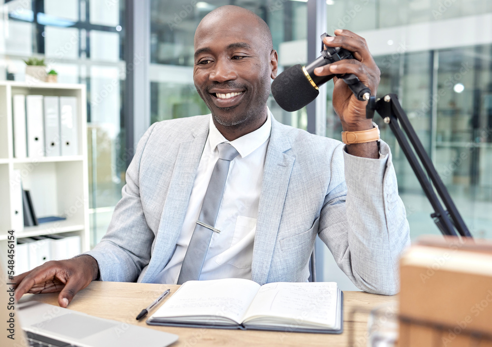 Foto de Radio podcast, laptop or black man with microphone interview ...