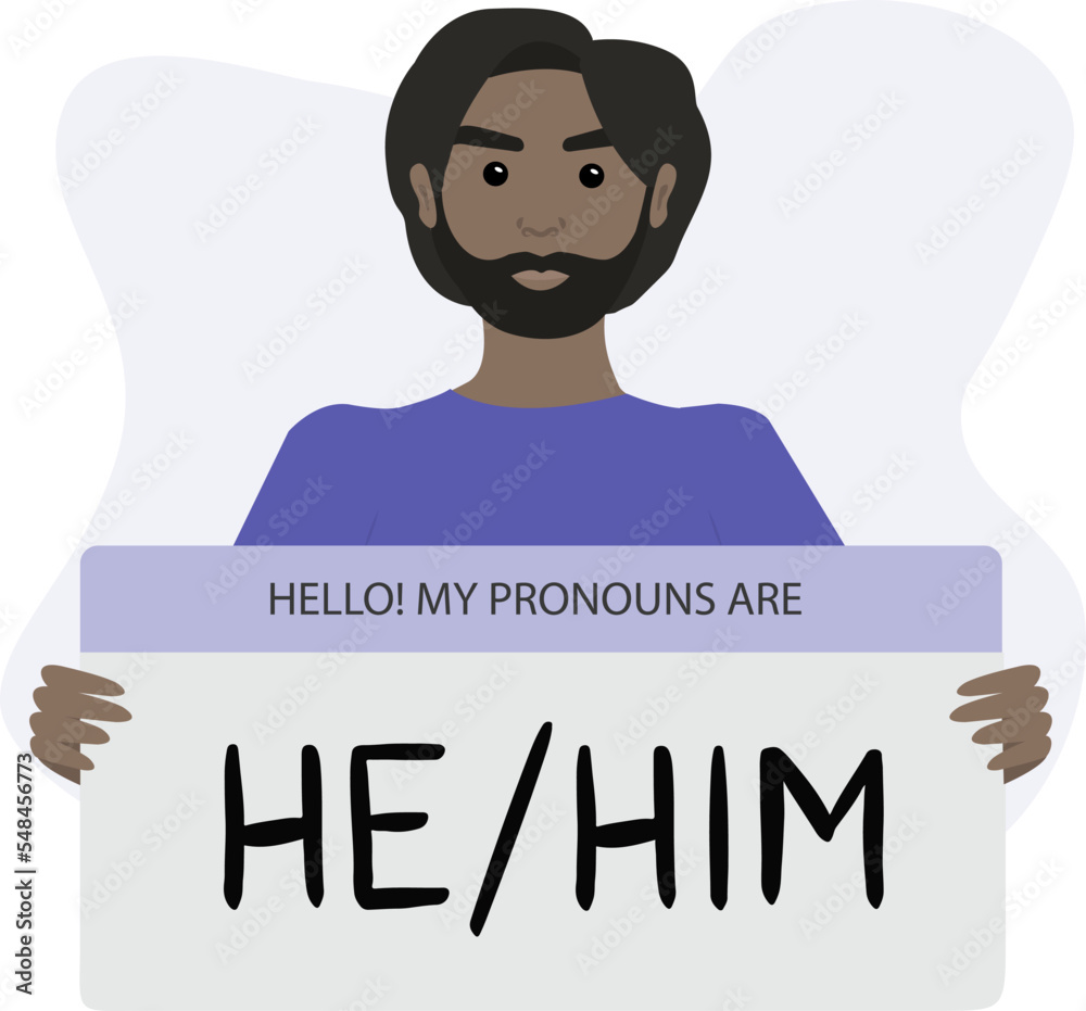 Gender pronouns. Male person holding sign with pronoun. Vector ...