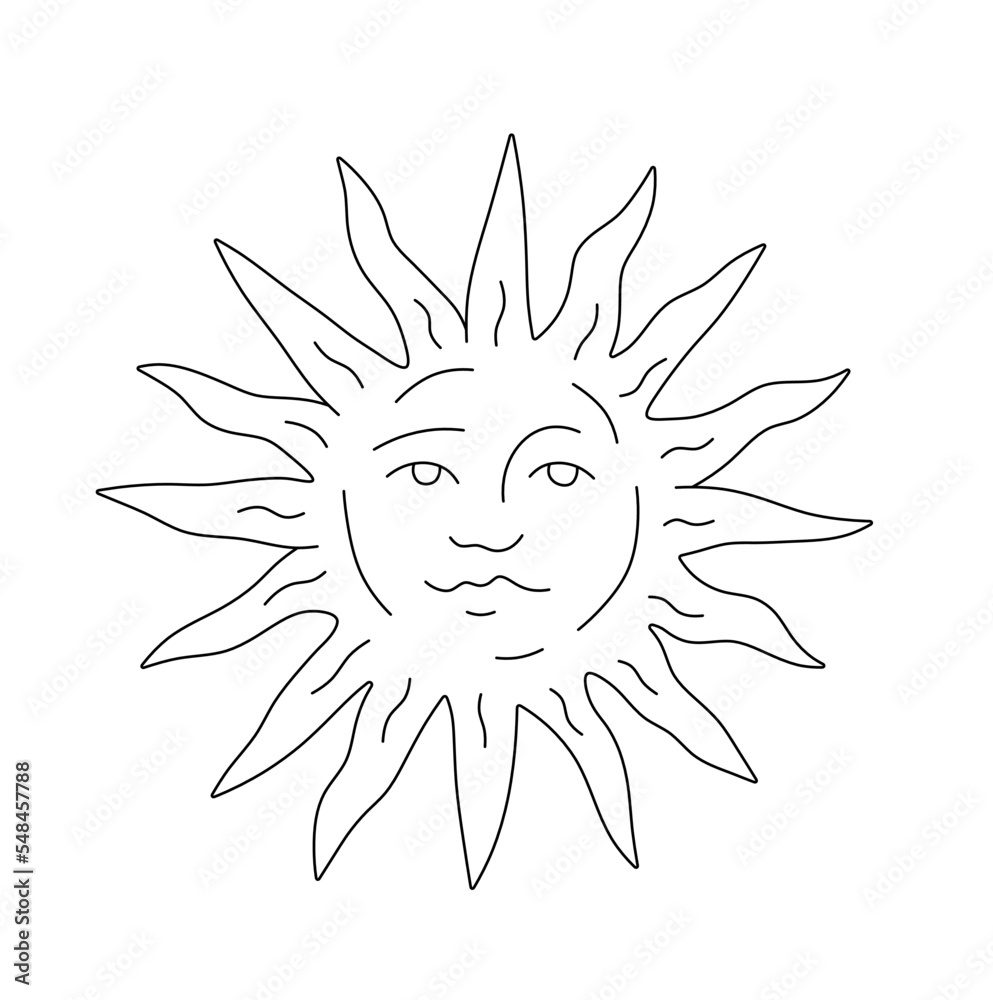 Vector isolated cute cartoon sun with face eyes nose mouth colorless ...