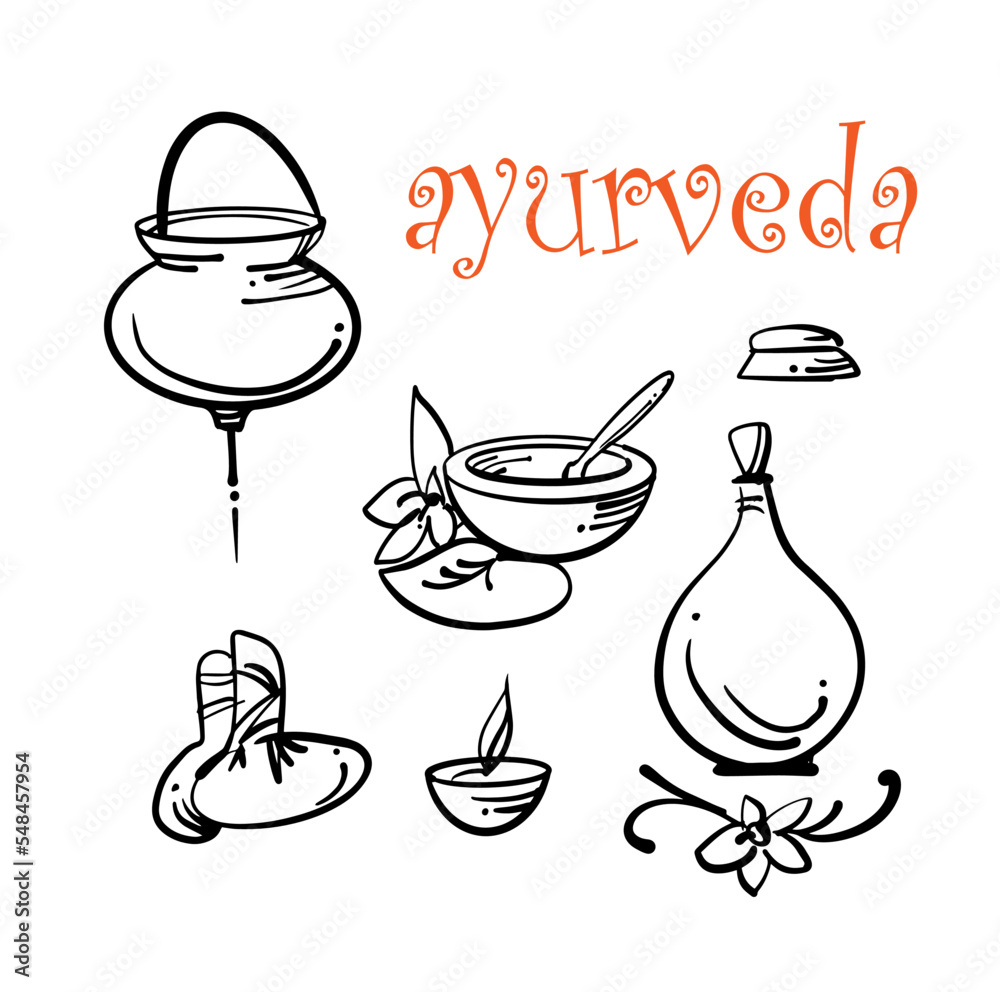 Icon item set ayurveda wellness, spa, with oil bottles, ingredients ...