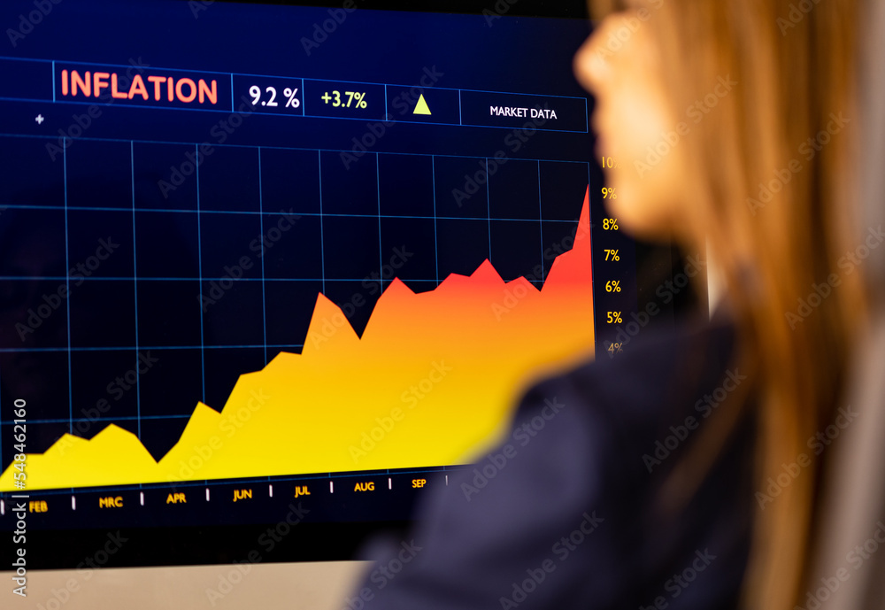Rising inflation. Businesswoman looks at the screen with a chart of ...