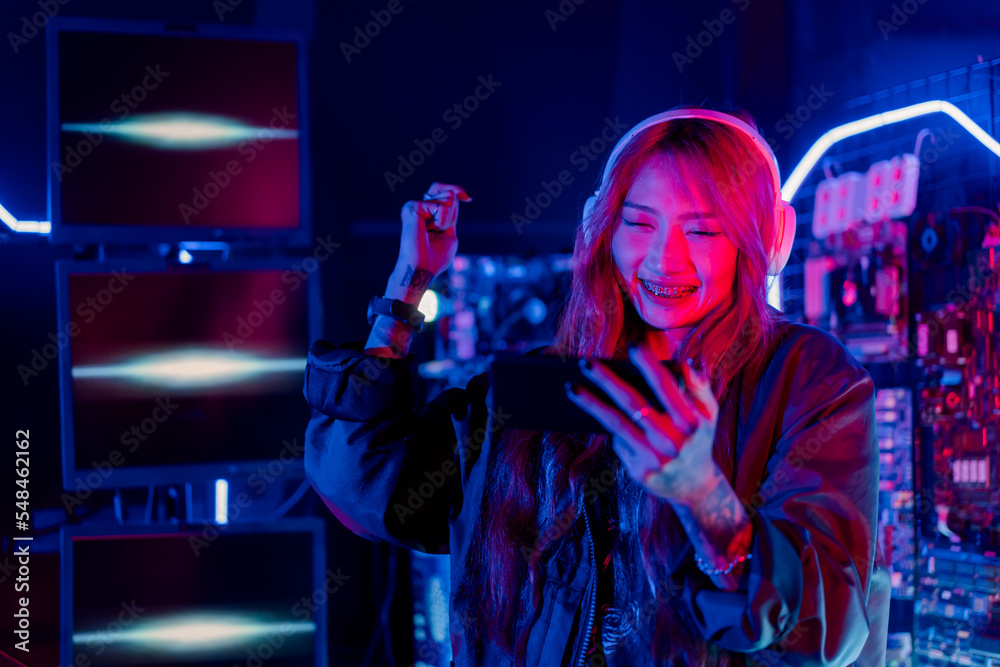 Winning or You Win. Young woman gamer champion excited, Happy gamer ...