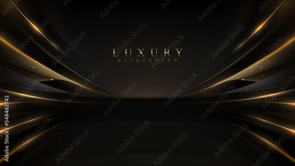 Black luxury background with golden line elements and light ray effect ...