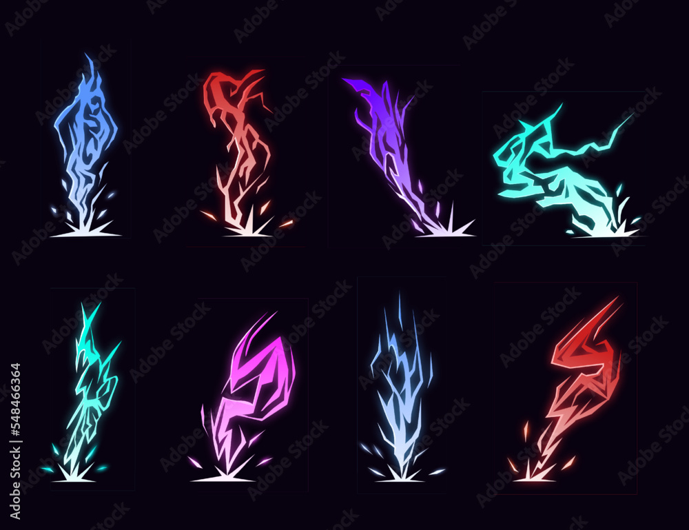Lightning animation set with sparks. Cartoon lightning effect ...