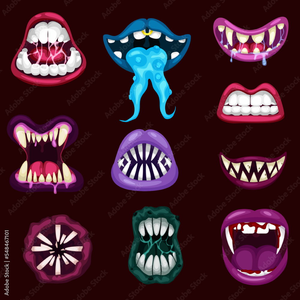 Monsters mouths. Halloween scary monster teeth and tongue in mouth ...