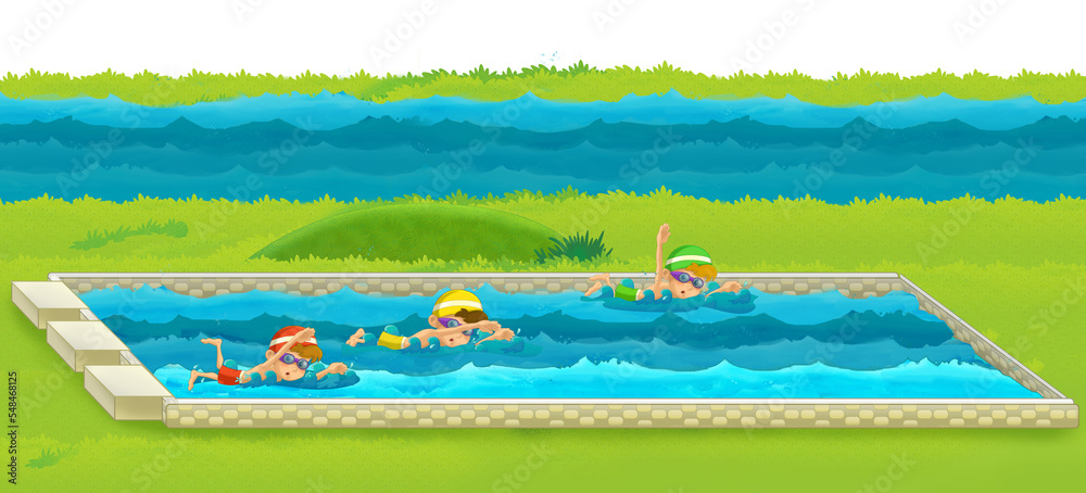 Cartoon child training - swimming isolated - illustration for the ...