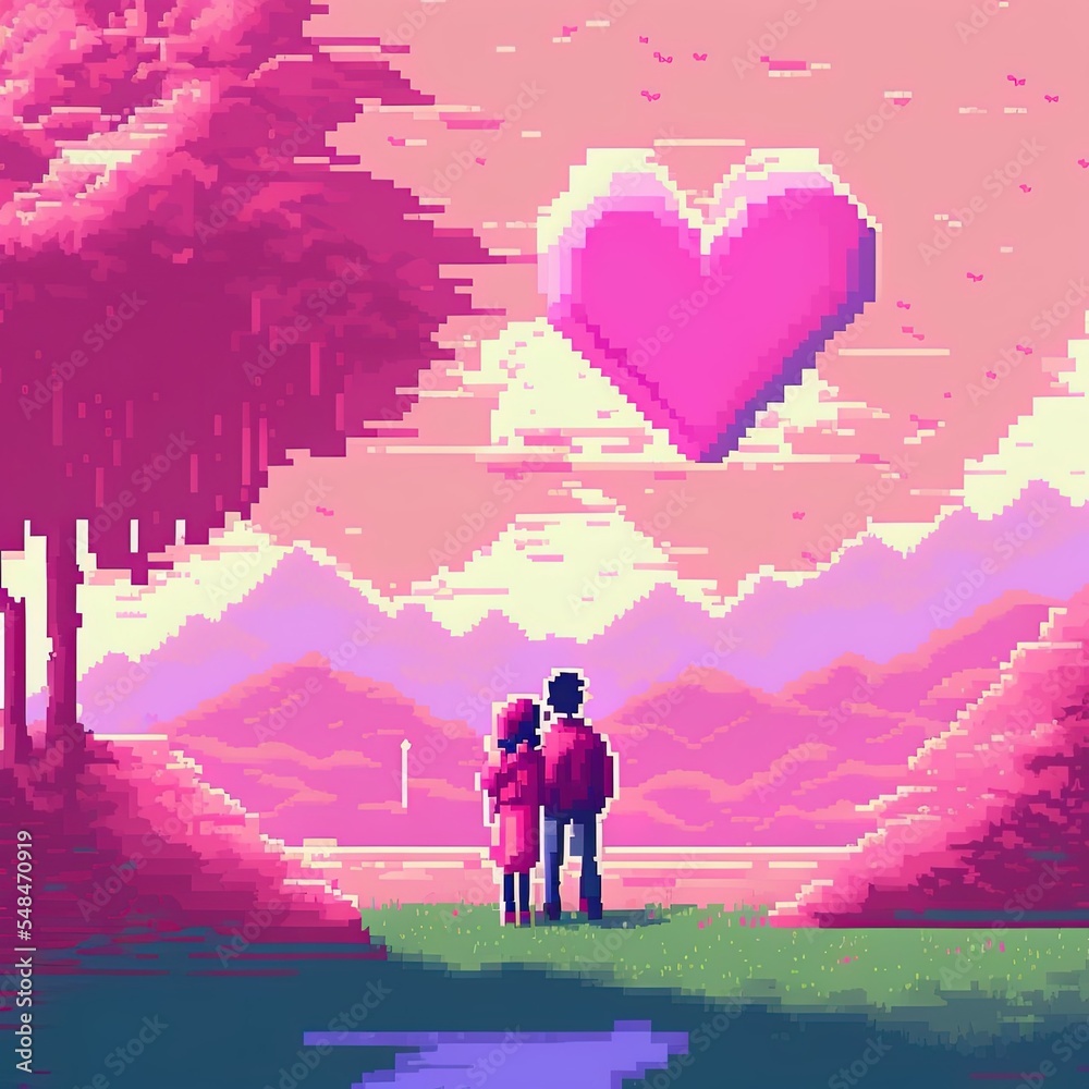 Romantic couple against pink evening landscape. Sunset sky. Pixelated ...