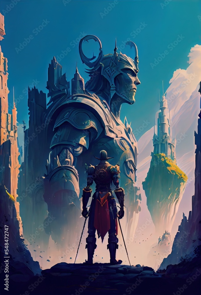 Warrior looking at Majestic God statue. Fantasy scenery. Norse ...