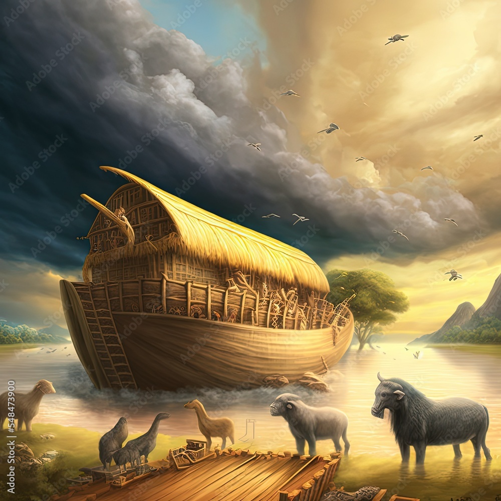 Artistic depiction of Noah's wooden ark, various animals and flood ...