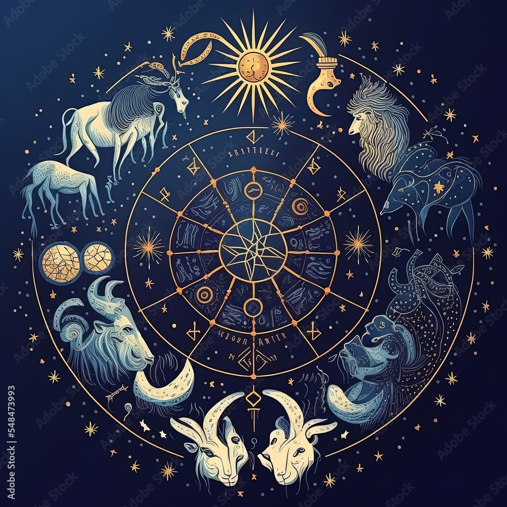 Graphic illustration of an astrology chart and the zodiac signs in ...