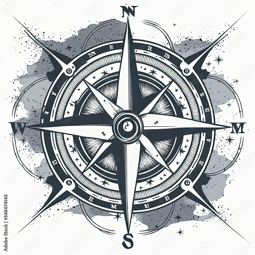 Artistic representation of the wind rose, showing a compass and the ...