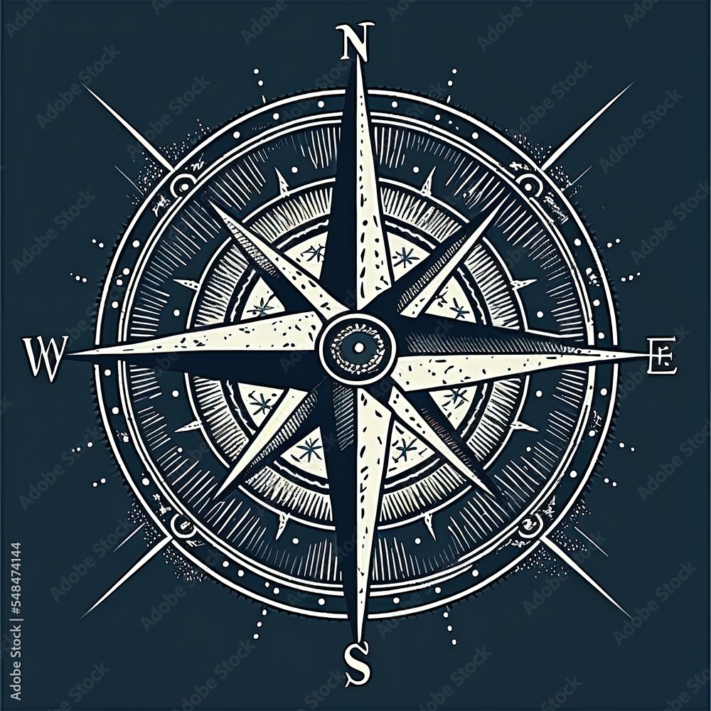 Artistic representation of the wind rose, showing a compass and the ...