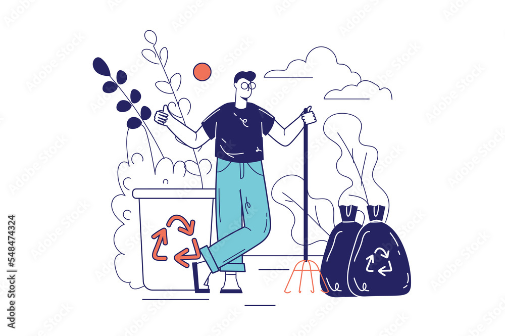 People collecting garbage concept in flat line design for web banner ...