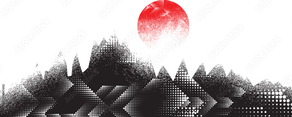 Mountain silhouettes with sun textured with halftone dots textures ...