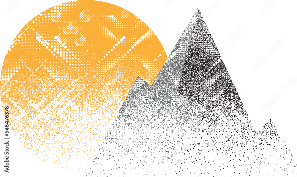 Mountain silhouettes with sun textured with halftone dots textures ...