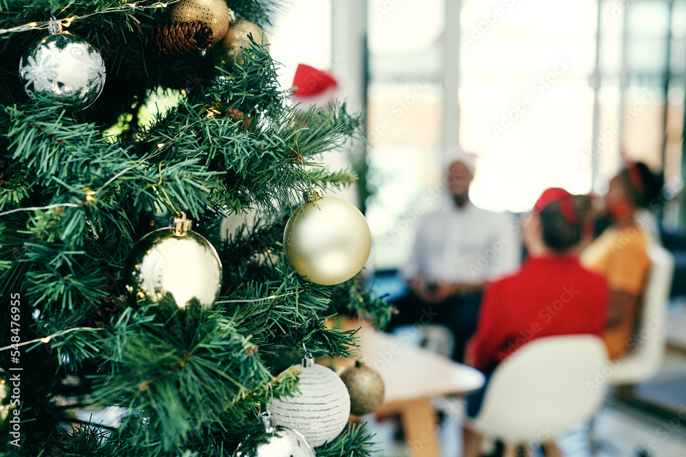 Christmas tree, office and business people, group and employees meeting ...