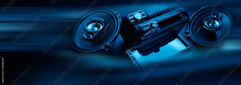 Black car sound speakers and radio tape recorder close-up on black ...