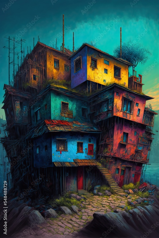 Colorful and vibrant shantytown squatters slum with multi storey square ...