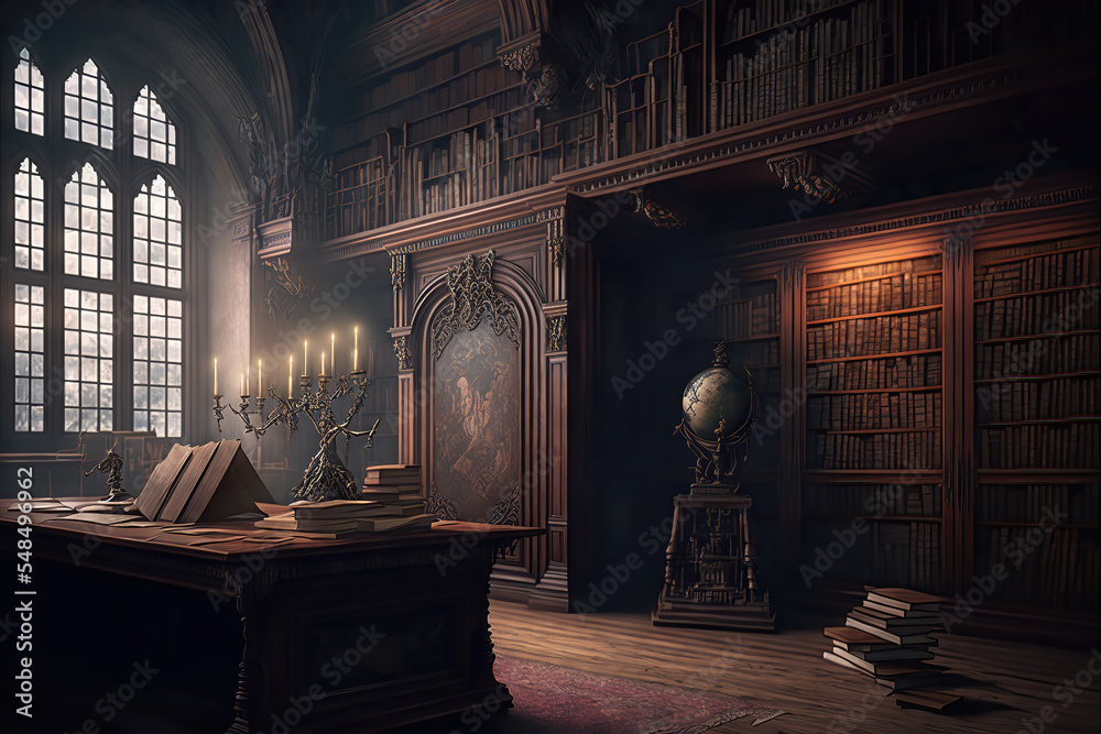 AI generated image of an old ornate but abandoned library, now dusty ...