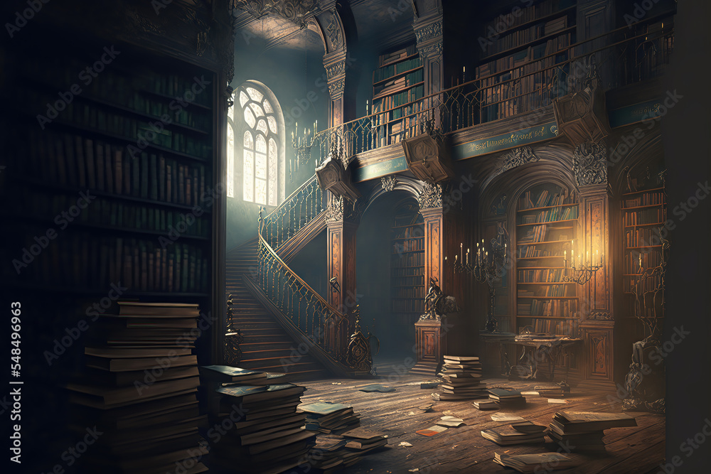 AI generated image of an old ornate but abandoned library, now dusty ...