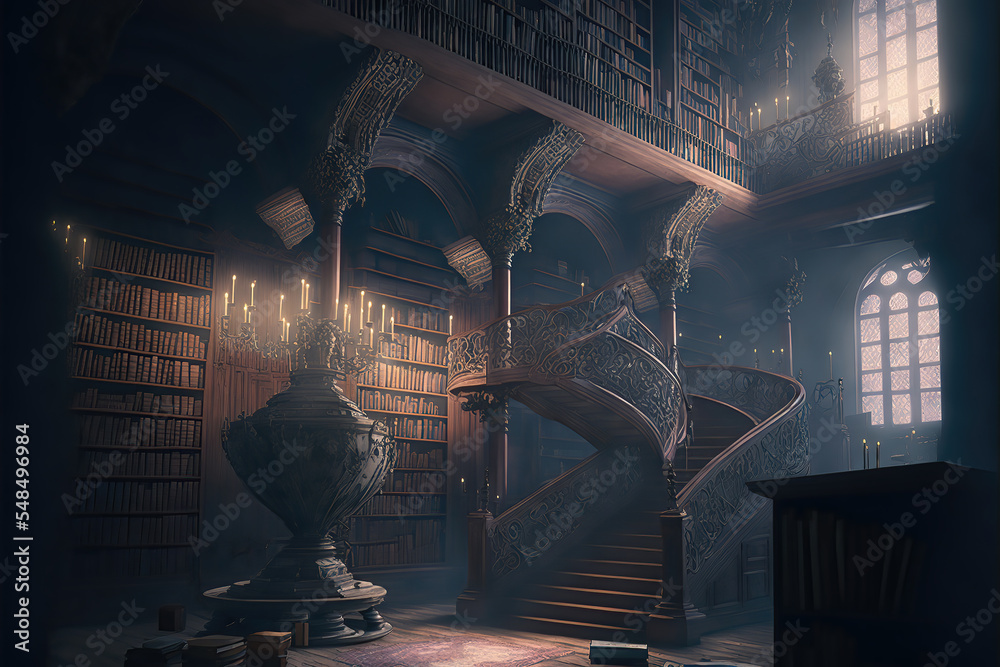 AI generated image of an old ornate but abandoned library, now dusty ...