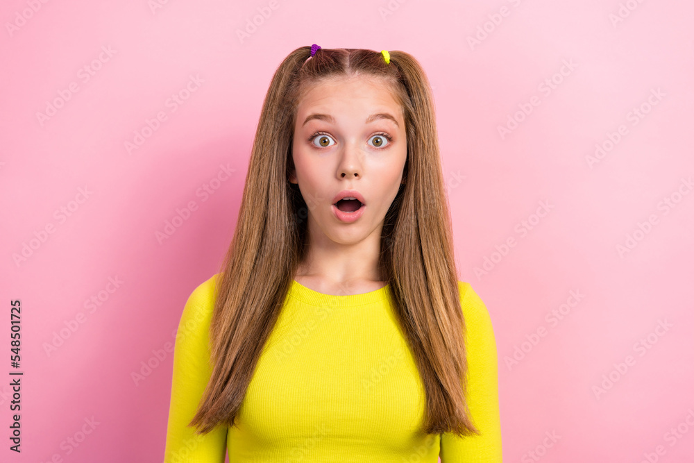 Photo of good mood adorable schoolgirl with ponytails dressed yellow ...