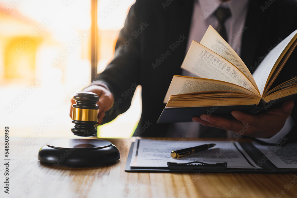 Attorneys or lawyers holding the hammer of justice, the concept of a ...