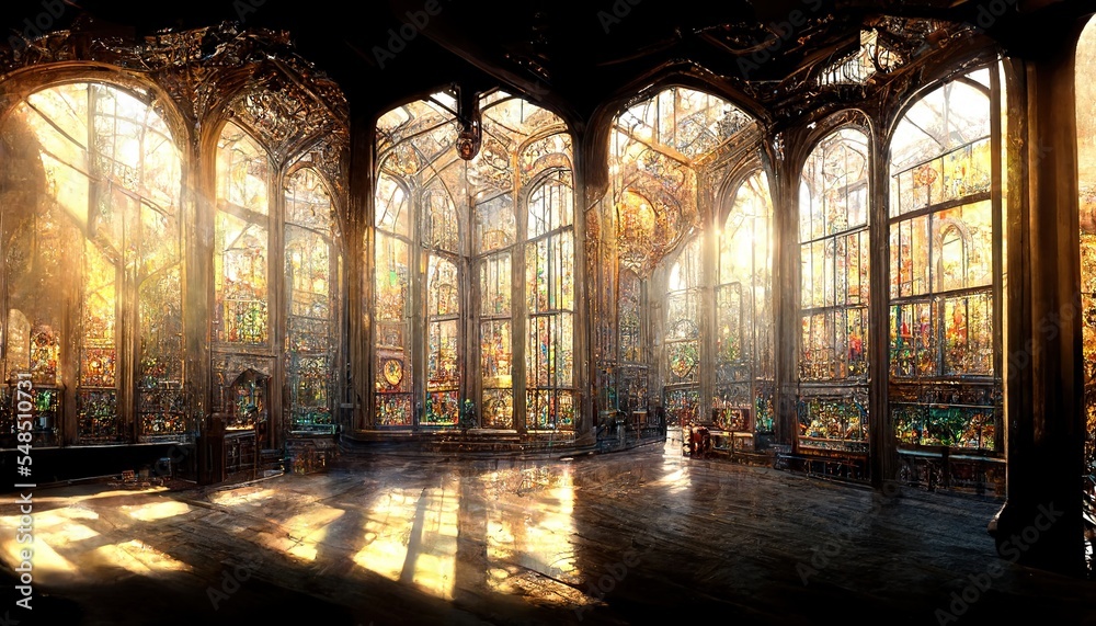 Old Palace interior with high stained glass windows made of multi ...