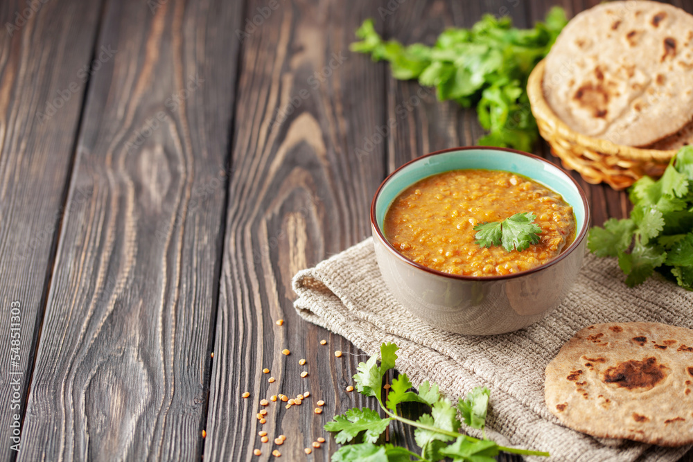 Indian dal food (Masoor Dal or Dal Tadka Curry) and homemade Flatbread ...