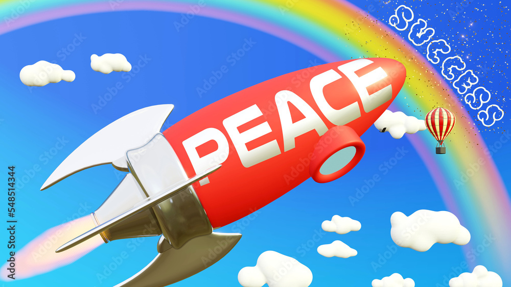 Peace lead to achieving success in business and life. Cartoon rocket ...