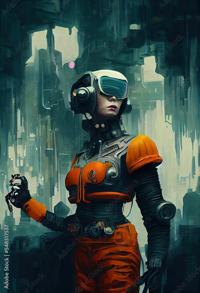 Cyberpunk female pirate hunter wearing a complex space suit Stock ...