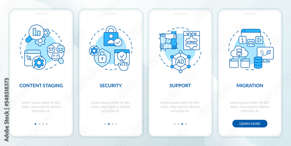 CMS requirements blue onboarding mobile app screen. Walkthrough 4 steps ...